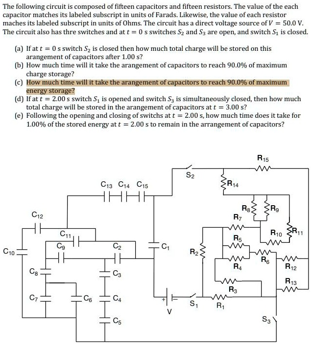 SOLVED: The following circuit is composed of fifteen capacitors and fifteen resistors. The value ...