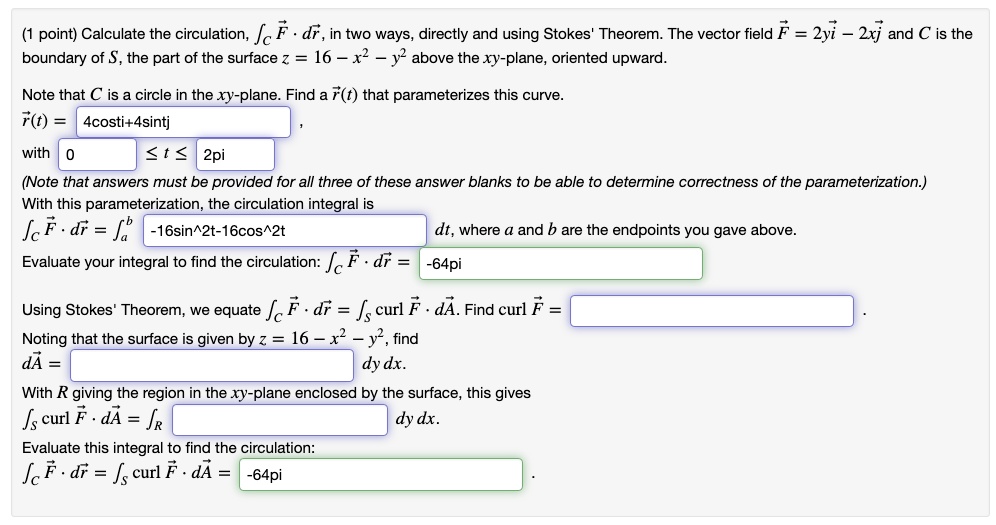 point calculate the circulation jc dr in two ways directly and using stokes theorem the vector ...
