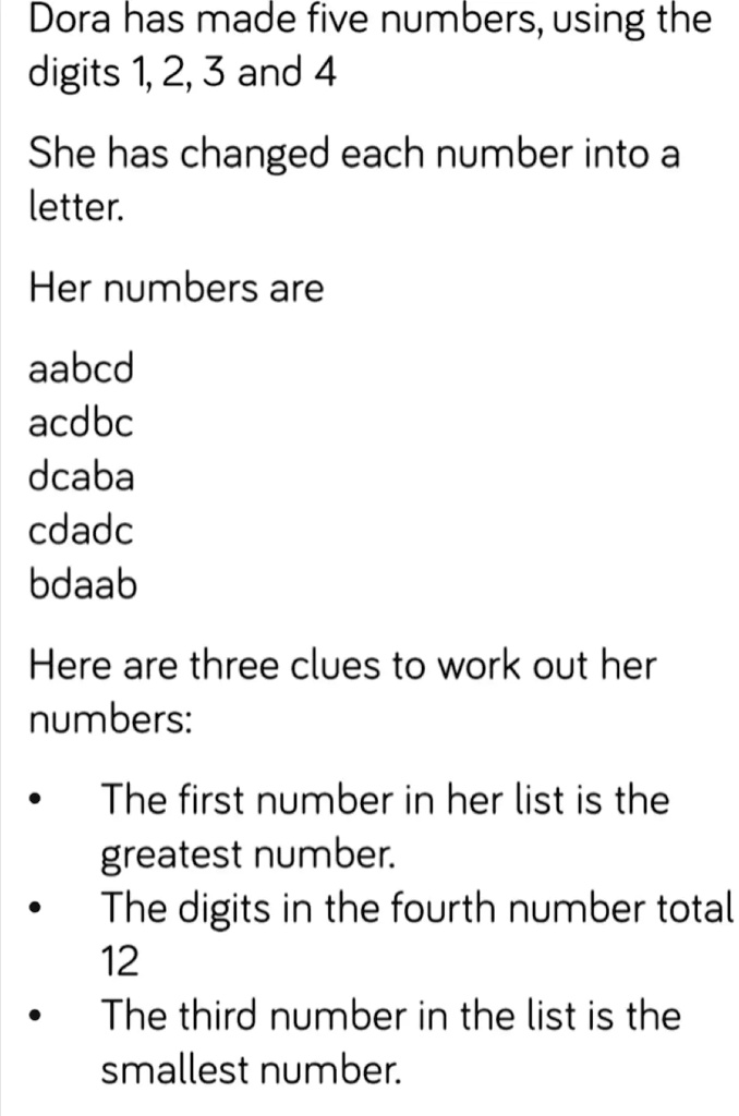 SOLVED: Dora has made five numbers, using the digits 1, 2, 3, and 4. She has changed each number ...