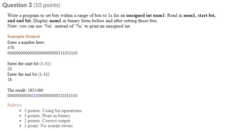 Solved Write In C Question 3 10 Points Write A Program To Set Bits 6762