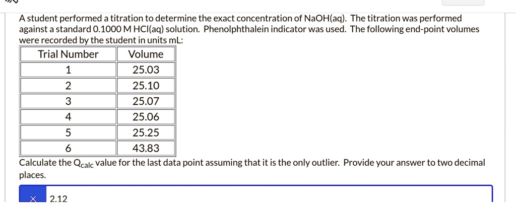 A student performed a titration to determine the exact concentration of NaOH(aq). The titration ...