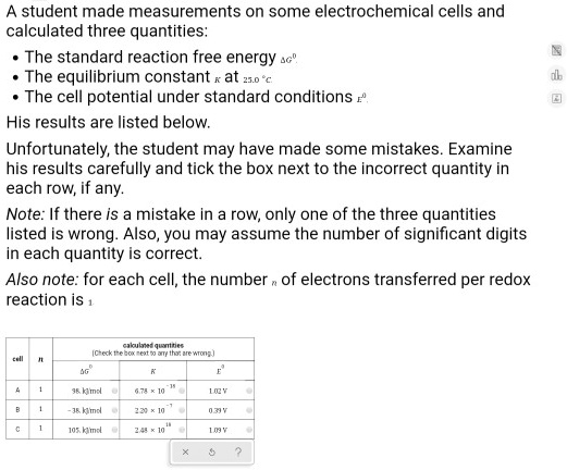 SOLVED: A student made measurements on some electrochemical cells and ...