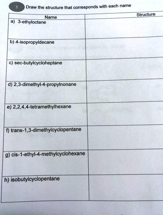 SOLVED: Draw the structure that corresponds with each name Structure Name 3-ethyloctane b) 4 ...
