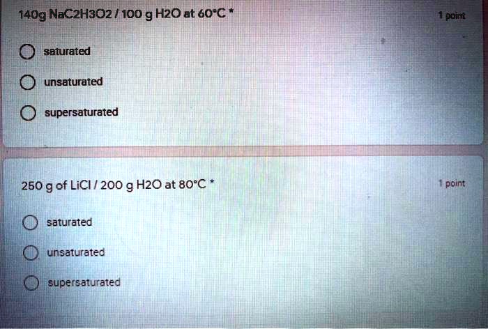 SOLVED: 140g NaC2H3O2 100 g H2O at 60Â°C * Point saturated unsaturated ...