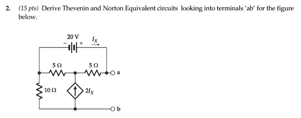 2. (15 pts) Derive Thevenin and Norton Equivalent circuits looking into terminals 'ab' for the ...
