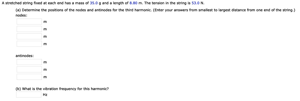 SOLVED:stretched string fixed at each end has mass of 35.0 and length of 8.80 m_ The tension in ...