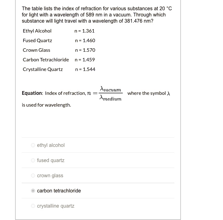 the table lists the index of refraction for various substances at 20 c ...