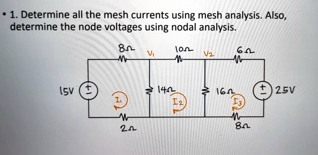SOLVED: 1. Determine all the mesh currents using mesh analysis. Also ... SOLVED: 1. Determine all the mesh currents using mesh analysis. Also ...