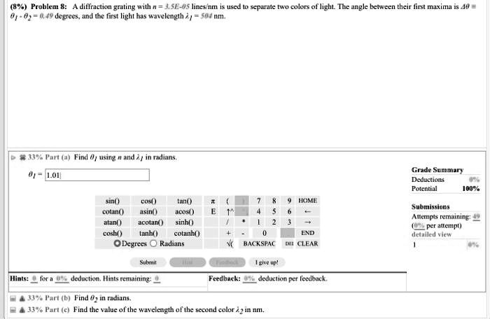SOLVED: Problem 8A: Diffraction Grating and Color Separation A ...