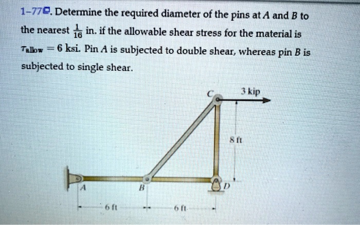 1-77. Determine the required diameter of the pins at A and B to the ...