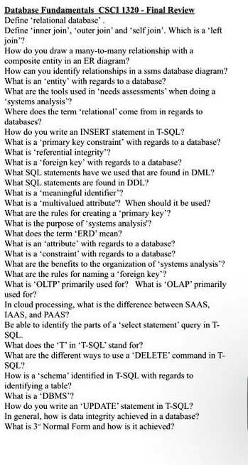 Solved Im Database Fundamentals Csci 1320 Final Review Define Relational Database Define 5148