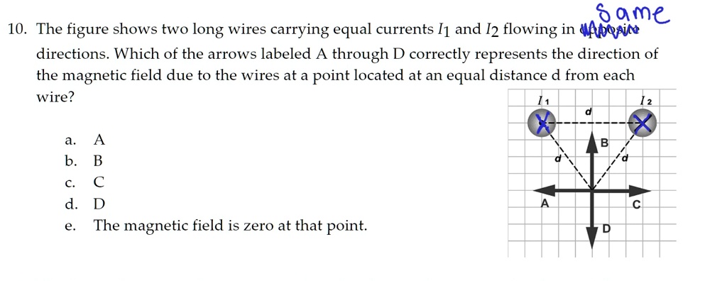 The figure shows two long wires carrying equal currents I1 and I2 ...
