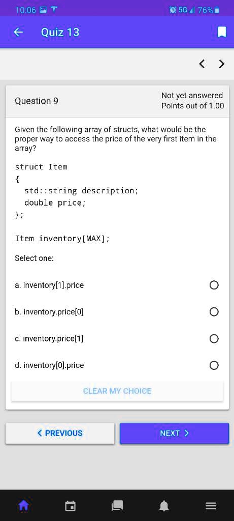 SOLVED: 10:06 5G 76% Quiz 13 Not yet answered Points out of 1.00 ...
