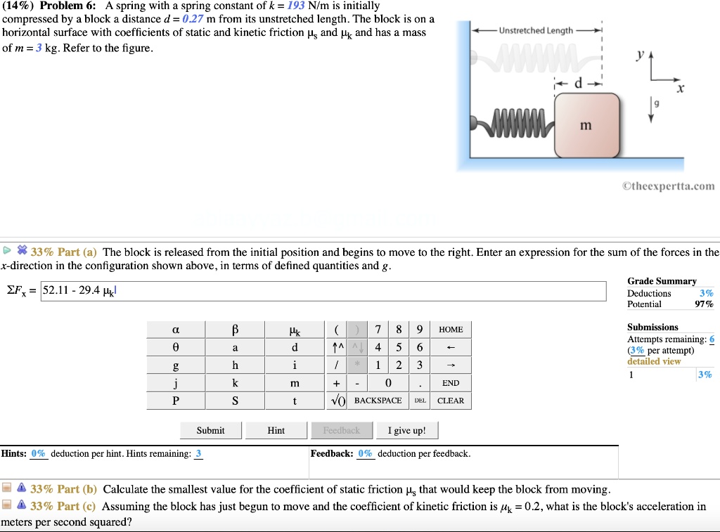 14 problem 6 spring with spring constant of k 193 nlm is initially ...