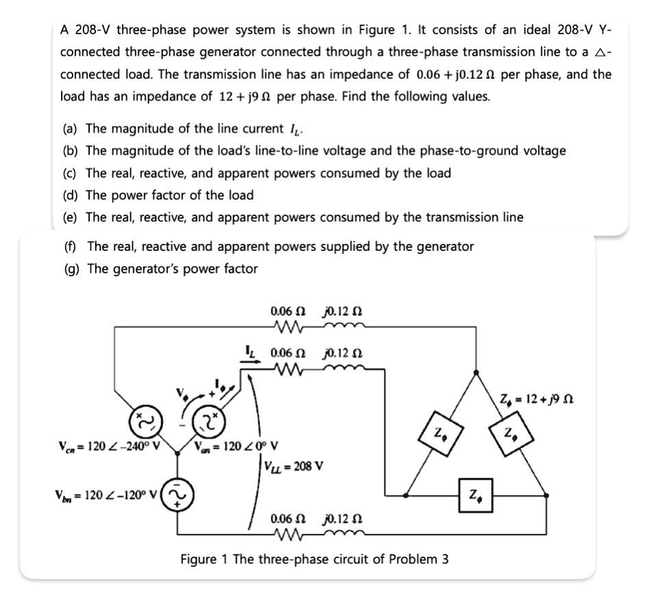 a 208 v three phase power system is shown in figure 1 it consists of an ideal 208 v y connected ...