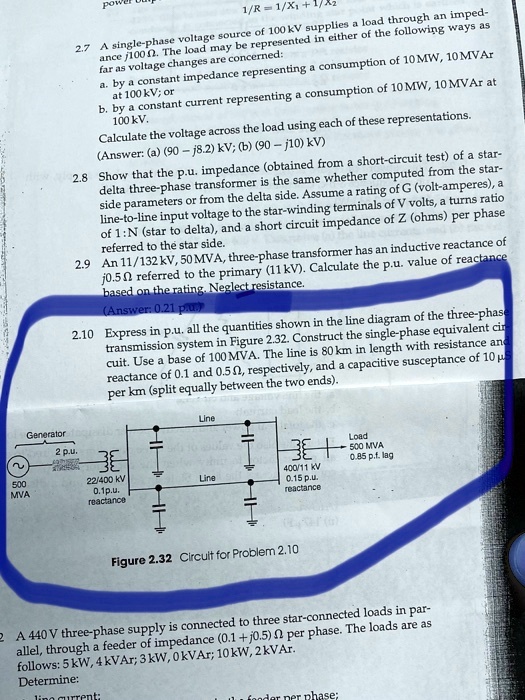 Solved 2 7 A Single Phase Voltage Source Of 100 Kv Supplies A Load Through An Impedance J100