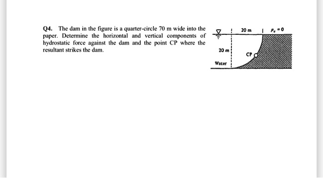 Q4. The dam in the figure is a quarter-circle 70 m wide into the paper ...