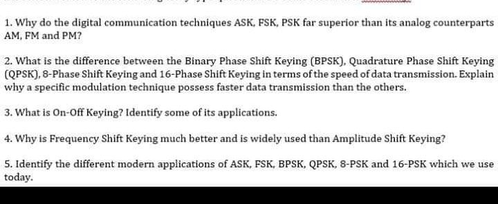 SOLVED: 1. Why are the digital communication techniques ASK, FSK, and ...