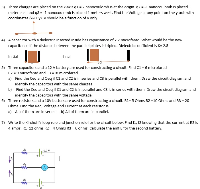 SOLVED: Three charges are placed on the X-axis: q1 = 2 nanocoulombs is at the origin, q2 = -1 ...