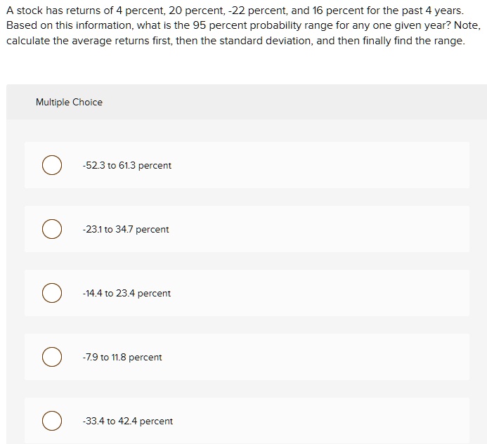 SOLVED: A stock has returns of 4 percent,20 percent,-22 percent, and 16 ...