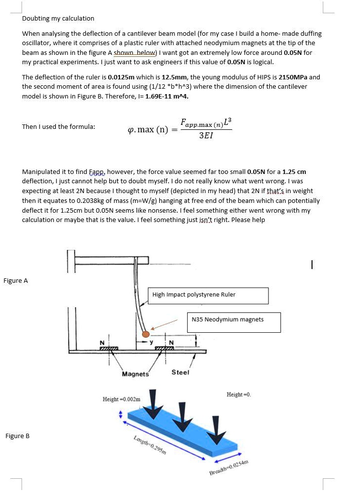 SOLVED: Doubting my calculation When analyzing the deflection of a cantilever beam model (for my ...