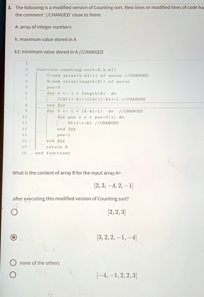 SOLVED: The following is a modified version of Counting sort. New lines or modified lines of ...