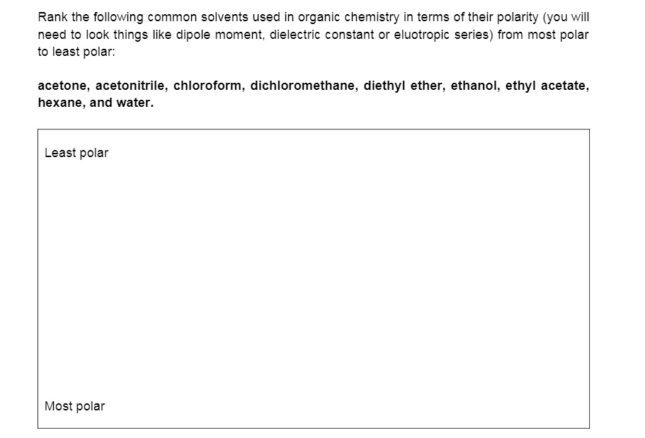 Rank the following common solvents used in organic chemistry in terms ...
