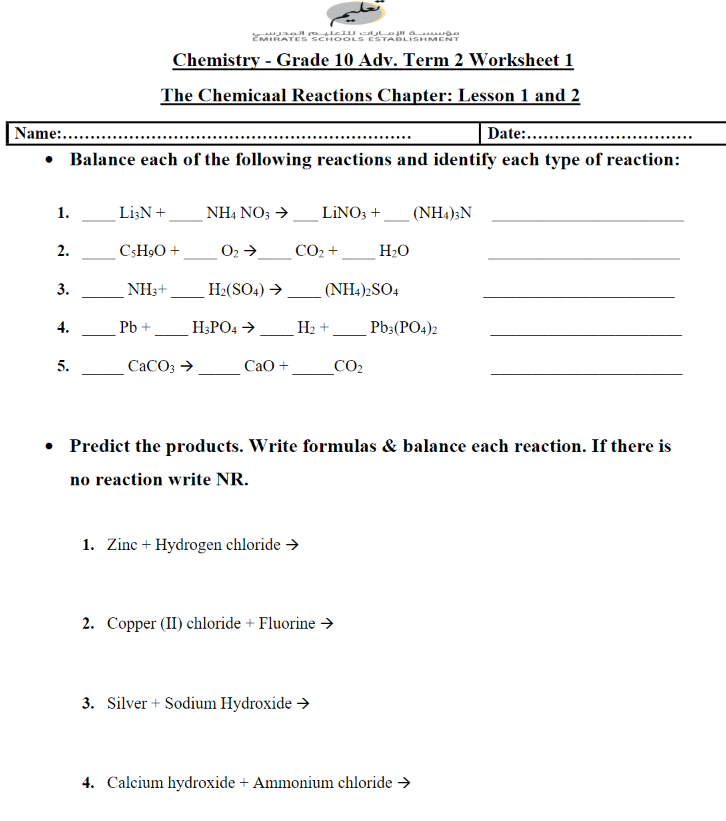 SOLVED: Chemistry - Grade 10 Adv. Term 2 Worksheet 1 The Chemicaal ...