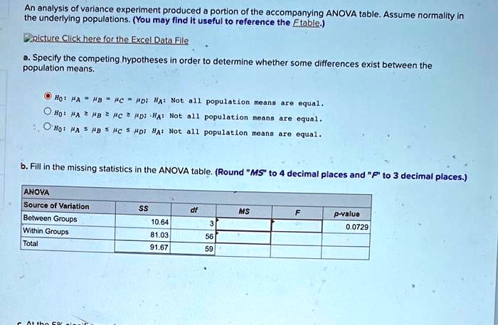 SOLVED: An analysis of variance experiment produced a portion of the accompanying ANOVA table ...