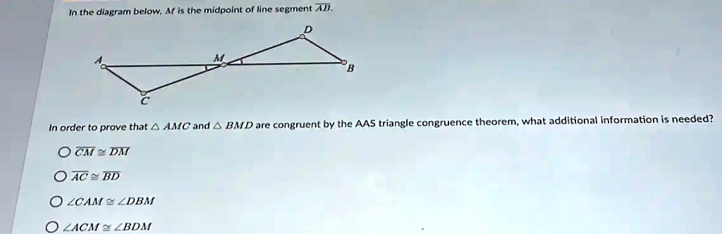 SOLVED: In the diagram below, M is the midpoint of line segment AB. AMC and BMD are congruent by ...