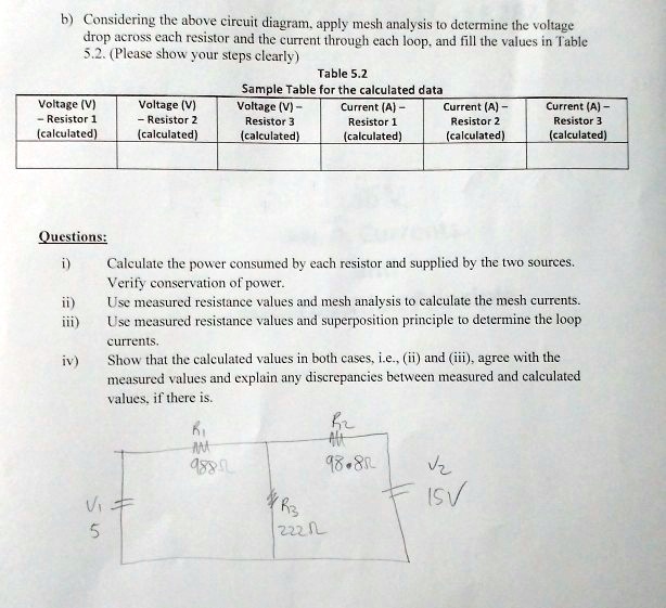 SOLVED: Considering the above circuit diagram, apply mesh analysis to determine the voltage drop ...