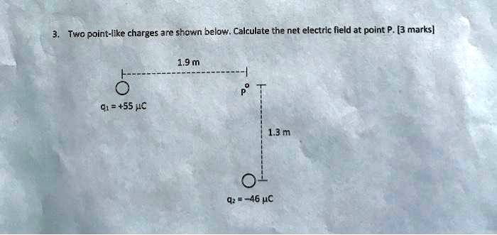 3. Two point-like charges are shown below. Calculate the net electric field at point P. [3 marks ...