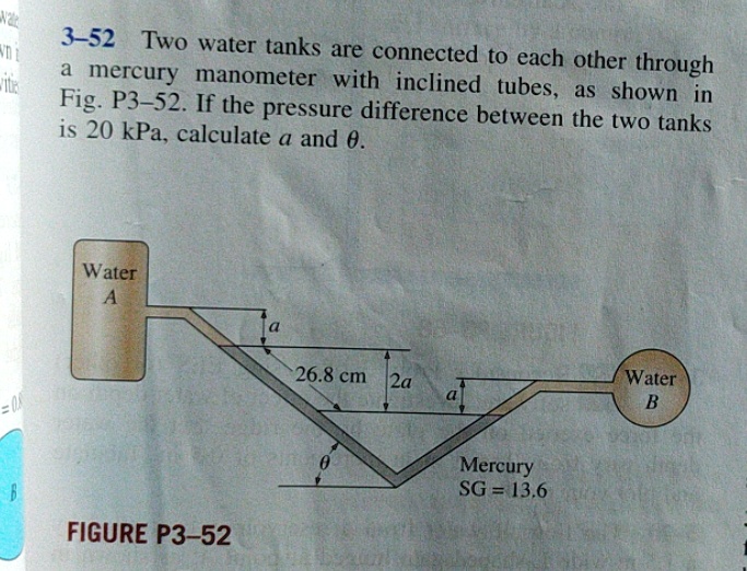 find a and the angle 3 52 two water tanks are connected to each other mercury manometer through ...