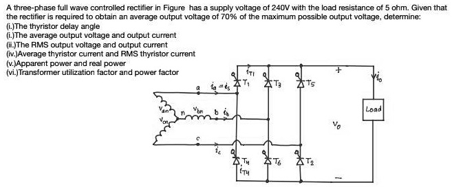 A three-phase full wave controlled rectifier in Figure has a supply voltage of 240V with the ...
