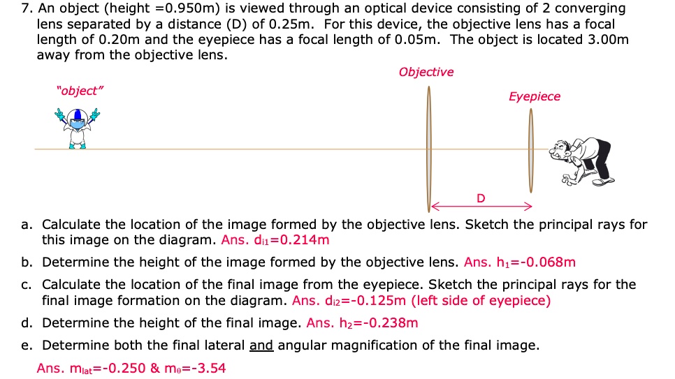 SOLVED: An object (height =0.950m) is viewed through an optical device ...