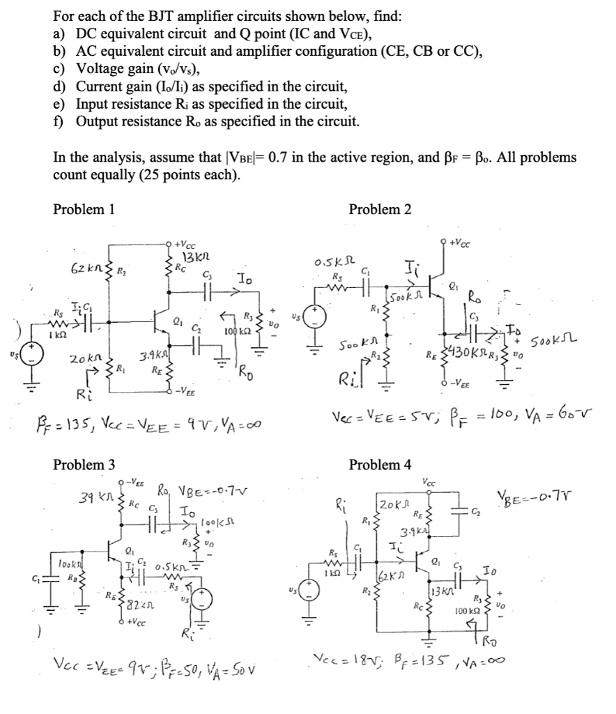 SOLVED: For each of the BJT amplifier circuits shown below, find: a) DC ...