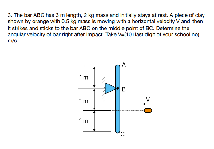 SOLVED: 3. The bar A B C has 3 m length, 2 kg mass and initially stays at rest. A piece of clay ...