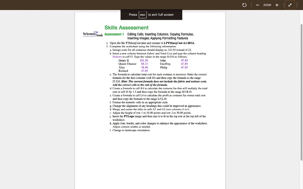 SOLVED: ZOOM Press esc to exit full screen Skills Assessment: Editing Cells; Inserting Columns ...