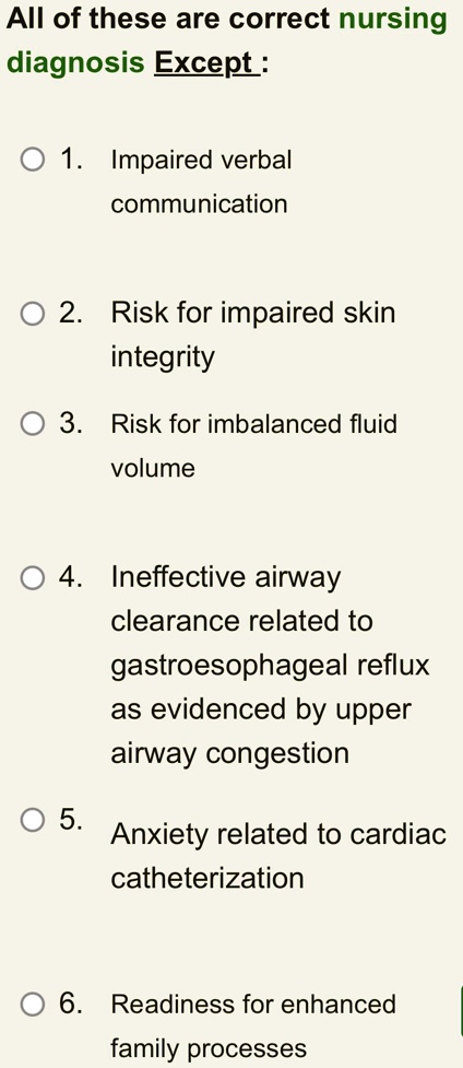 all of these are correct nursing diagnosis except impaired verbal ...