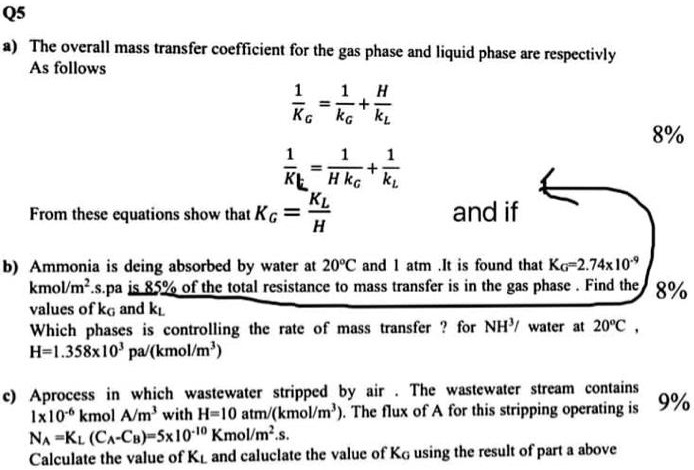 Q5 a) The overall mass transfer coefficient for the gas phase and ...