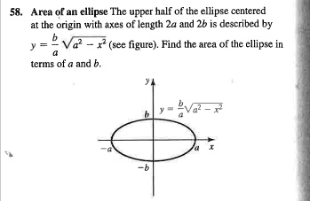 58. Area of an ellipse The upper half of the ellipse centered at the origin with axes of length ...