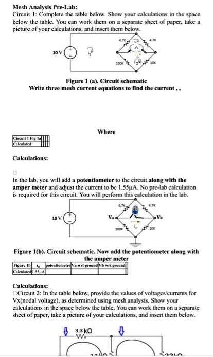 SOLVED: Texts: Please do the pre-lab calculations. Mesh Analysis Pre-Lab: Circuit 1: Complete ...