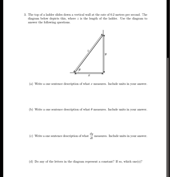 SOLVED: The top of ladder slides down vertical wall at the rate of 0.2 ...