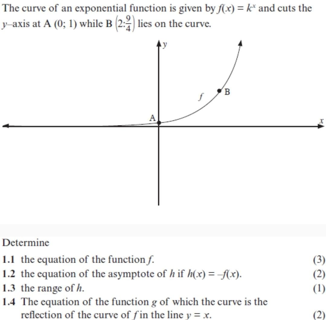 SOLVED: The curve of an exponential function is given by f(x)=k^x and cuts the y-axis at A(0 ; 1 ...