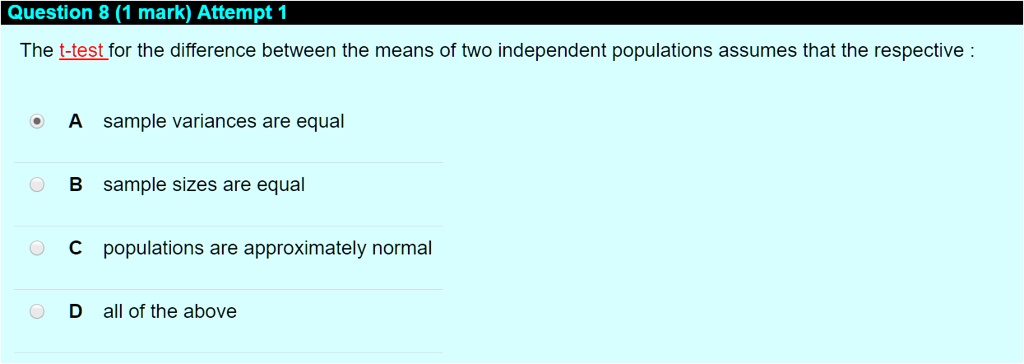 SOLVED: Question 8 (1 mark) Attempt The L-test for the difference ... SOLVED: Question 8 (1 mark) Attempt The L-test for the difference ...