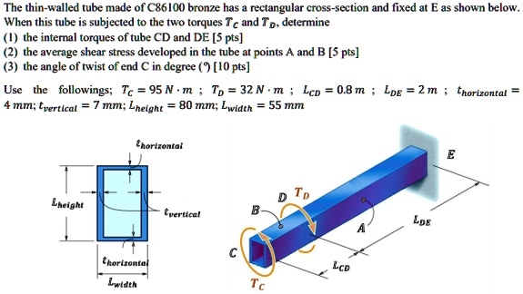 The thin-walled tube made of C86100 bronze has a rectangular cross-section and fixed at E as ...