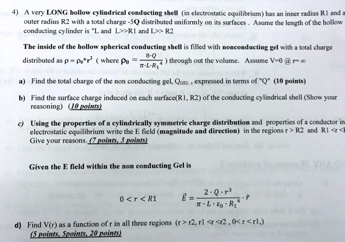SOLVED: A very LONG hollow cylindrical conducting shell (in electrostatic equilibrium) has an ...