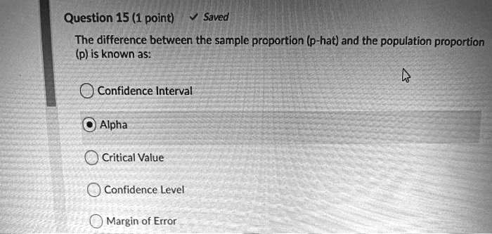 question 15 1 point saved the difference between the sample proportion ...