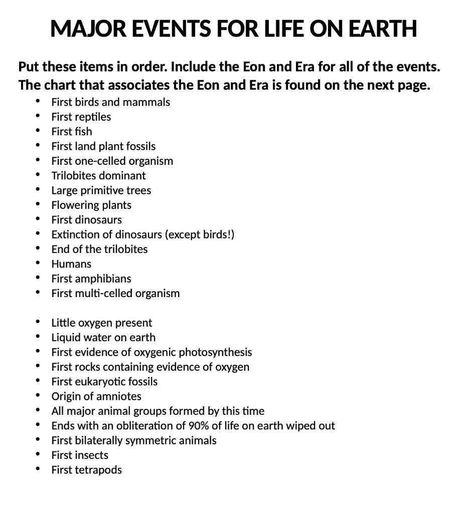 major events for life on earth put these items in order include the eon ...