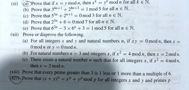 SOLVED:Prove that if x = Y mod n, then r =y mod n for all k â‚¬ N. Prove that 34n+1 + 28n+3 mod ...